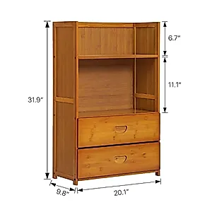 MoNiBloom 2 Tier Bookcase with 2 Drawers, Bamboo Freestanding Shelf Storage Organizer, Utility Shelf Rack for Living Room Bathroom Kitchen Office, Brown