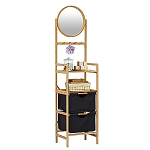 kinbor Bamboo Bathroom Shelves, Bathroom Storage Organizer Tower Rack with Mirror and Drawer Hamper, Freestanding Shelving Unit Narrow Conner Stand for Bathroom, Living Room, Balcony, Natural