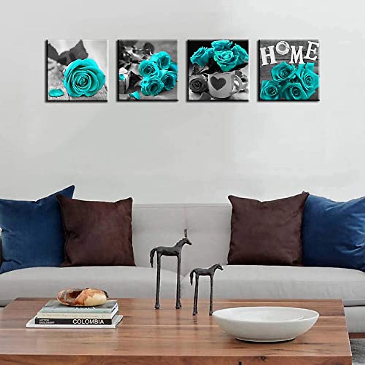 Byllyaz Teal Rose Wall Art Canvas Blue 4 Pieces for Living Room Decor Contemporary Turquoise Blossom Flowers Prints Pictures Artwork Kitchen Office Wall Decor Ready to Hang 16x16