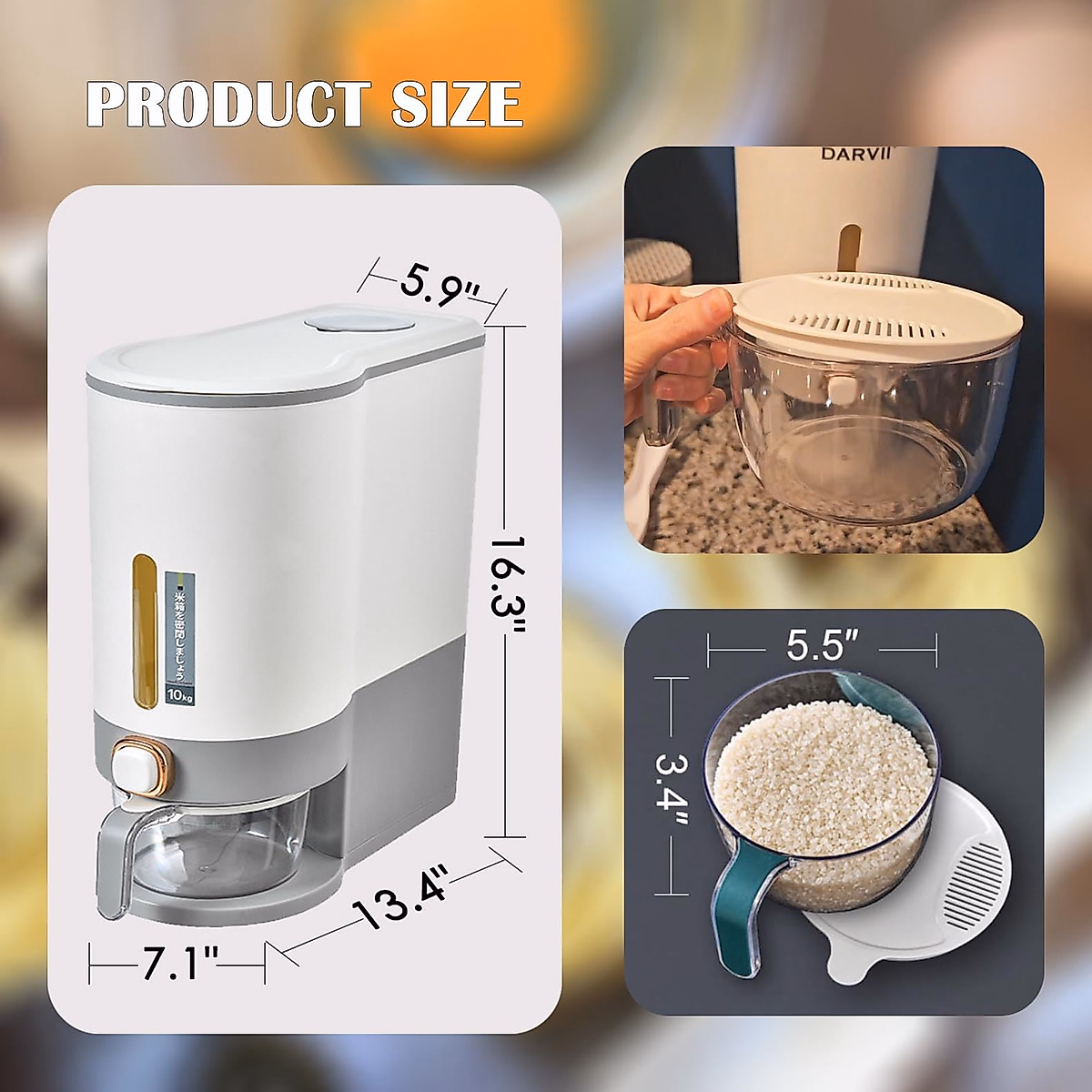 Darvii 23 Lbs Rice Dispenser - Grain Storage Container with Automatic Dispenser, Rectangular, Gray, 16.5 x 6.7 inches