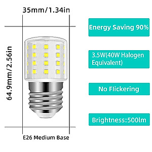 hekmazon Led Refrigerator KEI D34L Light Bulb AC 100-265V 3.5W 40W Halogen Equivalent E26 Medium Base Daylight White 6100K 500Lm Pack of 1