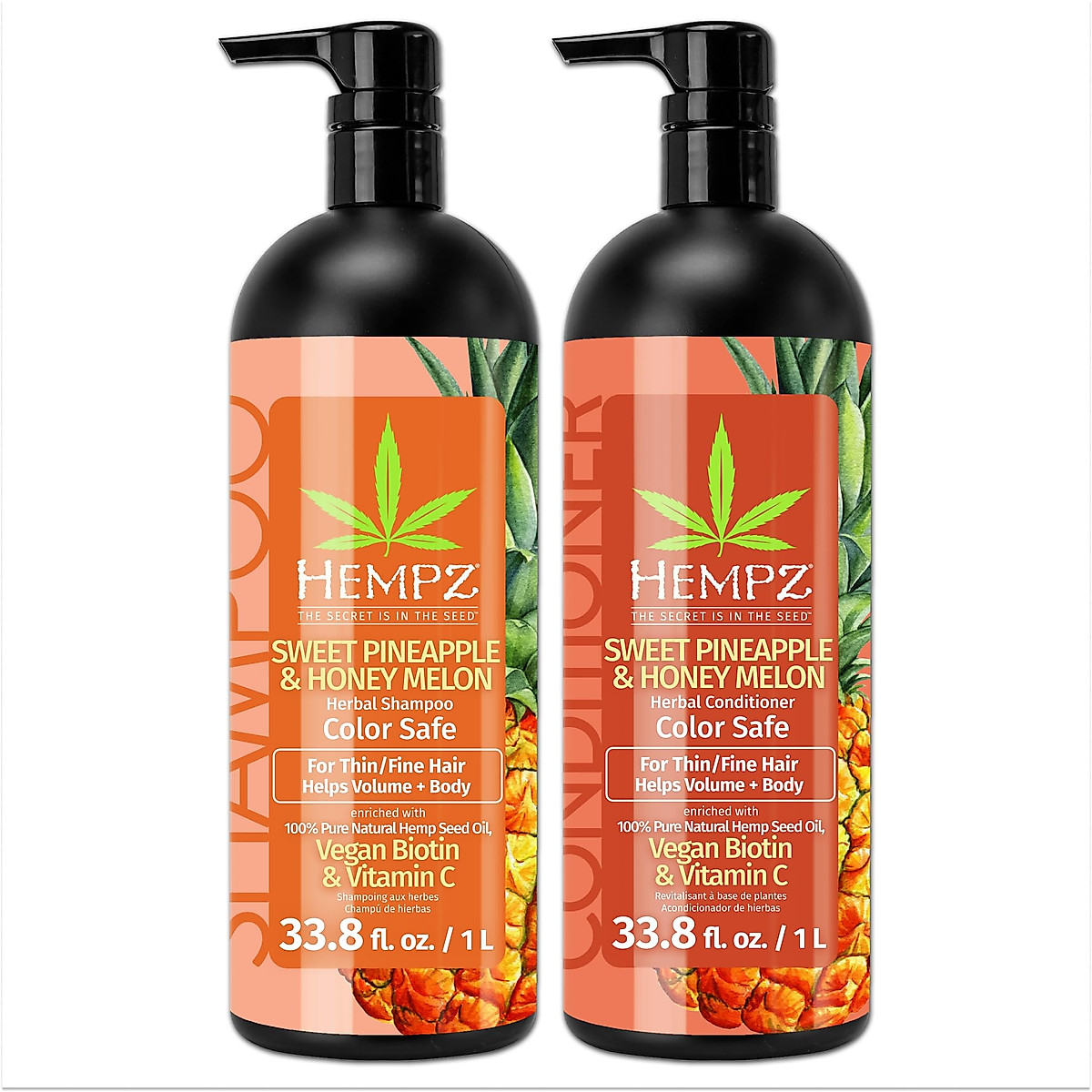 HEMPZ Hair Shampoo & Conditioner Set - Sweet Pineapple & Honey Melon Scent for Thin/Fine Dry, Damaged and Color Treated Hair, Hydrating, Softening, Moisturizing with Biotin Duo Set - 33.8 fl oz