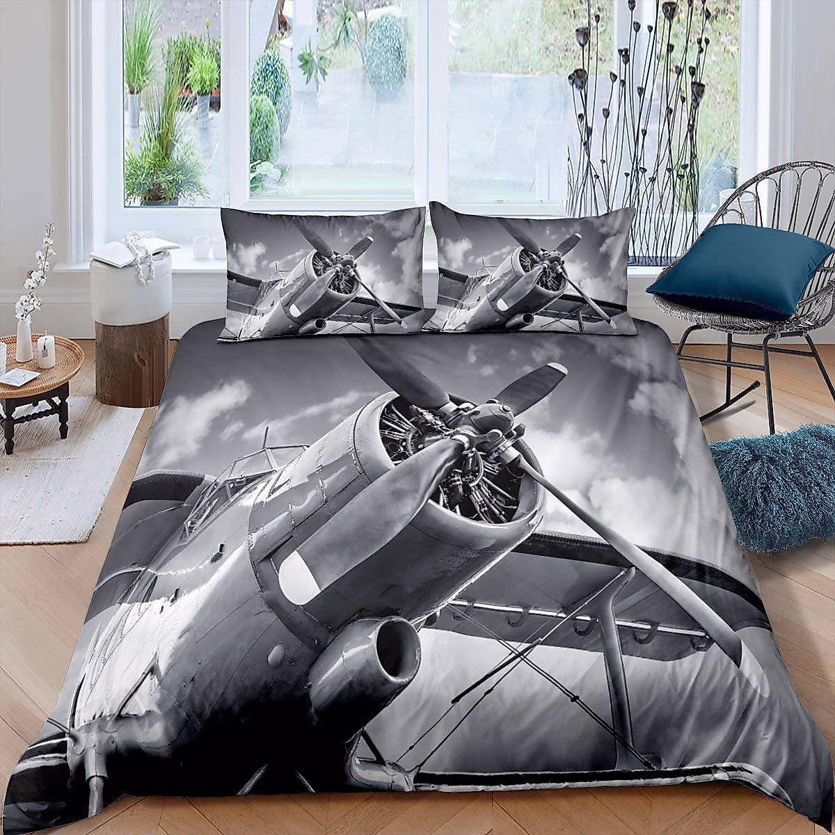 Erosebridal Airplane Bedding Set Aircraft Pattern Duvet Cover Full Size for Kids Boys Girls Aviation Aerospace Comforter Cover Grey Gray Soft Microfiber Quilt Cover for Child's Dorm Room