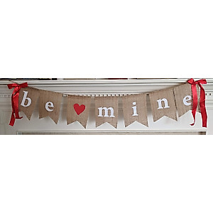 Be Mine Valentines Day Banner - Red Ribbon Heart Mantle Decor - Valentine's Burlap Garland Home Decoration - Valentine Engagement Photo Party Props by Jolly Jon
