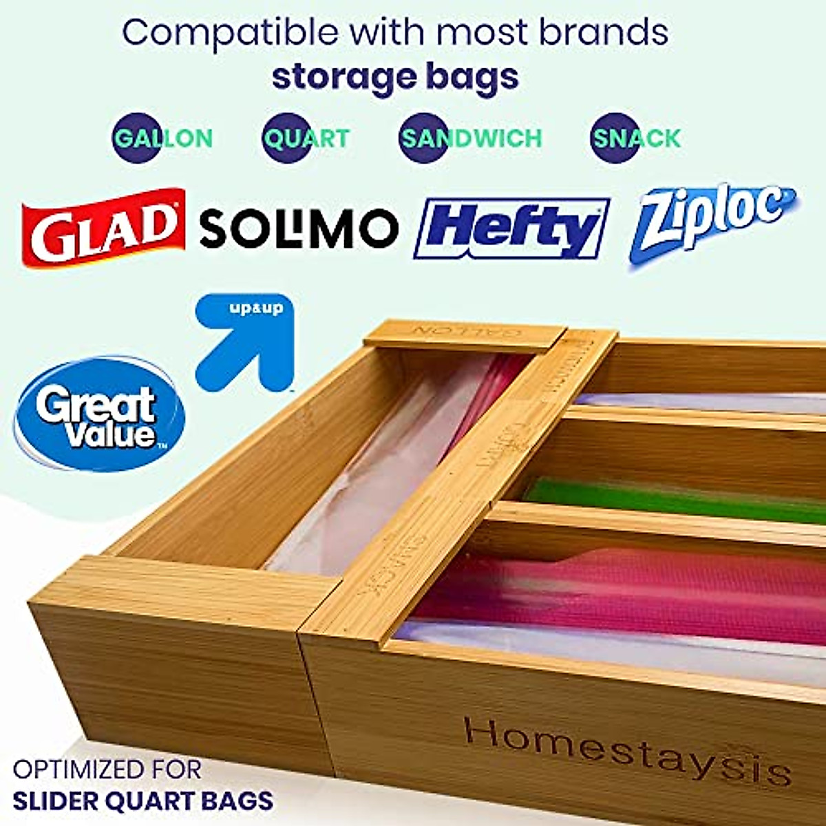 Homestaysis Premium Bamboo Ziplock Bag Storage Organizer for Kitchen Drawer, 4 Separate Box Organizer w/Plastic Bag Drying Rack, Baggie Holder Dispenser Compatible w/Gallon, Quart, Sandwich