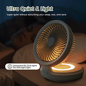 EDON Table Fan, Rechargeable Battery Operated Desk Fan with Auto Oscillation 90 Foldable Ultra Quiet 4 Speeds Light, Portable Air Circulator Fan with Hook, Wall Fan for Bedroom Home Desktop