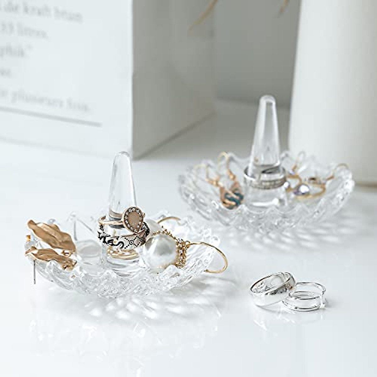 MyGift Clear Glass Ring Cone with Tray, Engagement Wedding Ring Holder with Round Starburst Design, Small Jewelry Ring Dish, Set of 2