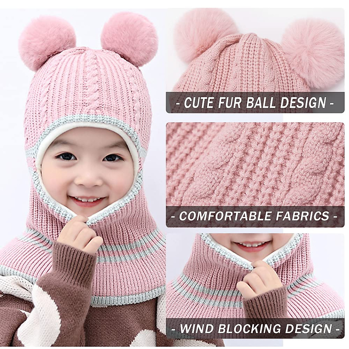 Toddler Winter Hat, Baby Winter Hat, Unisex Infant Toddler Kids Hat Scarf Set Knitted Girls Boys Winter Hat, Kids Baby Winter Hat Scarf Earflap Hood Skull Caps Beanie (Pink)