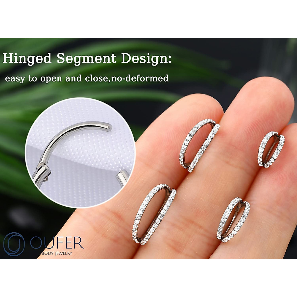 OUFER Nose Rings Hoops, 20G G23 Solid Titanium Nose Piercings, Double Row Diamonds Hoop Nose Ring, Double Nose Ring for Single Piercing, Conch Helix Daith Lip Piercing Jewelry-Silver 8MM