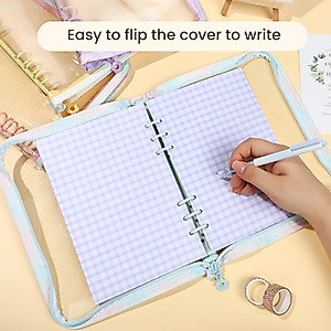 NEWEST A5 6 Ring PVC Planner Budget Binder Cover with Zipper, Blue Gradient Loose Leaf Zip Up Binder Cover, Flashing Clear Notebook Cover Protector for Journal Planner Photo Album Diary Folder