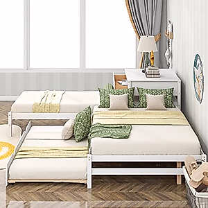 L-Shaped 2 Beds Twin Size & Full Size with Trundle Wood Platform Beds for 3 People Corner Bed Frames with Table for Kids Teens Adults, White