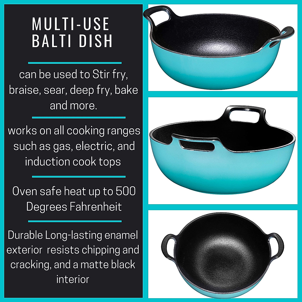 Bruntmor 3 Qt Pre-seasoned Cast Iron Balti Dish In Black, 3 Quart Medium Cast Iron Casserole Dish, Nonstick Handi Cast Iron Kadai Indian, Asian Wok, Pioneer Women Dutch Oven