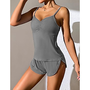 Ekouaer Women Pajamas Set Cami Sleepwear Lingerie V Neck Soft PJS Set with Shorts Grey, Medium