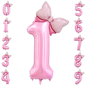 40 inch Number 1 Balloon with Bow Pink Happy Birthday Jumbo Number Balloon for Girls Daughter Birthday Decorations Party Supplies (Number 1)