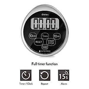 dretec Digital Timer Water Proof Shower Timer Shower Clock Bathroom Kitchen Timer Magnetic Backing Silver Black Officially Tested in Japan (1starter Lithium Battery Included)