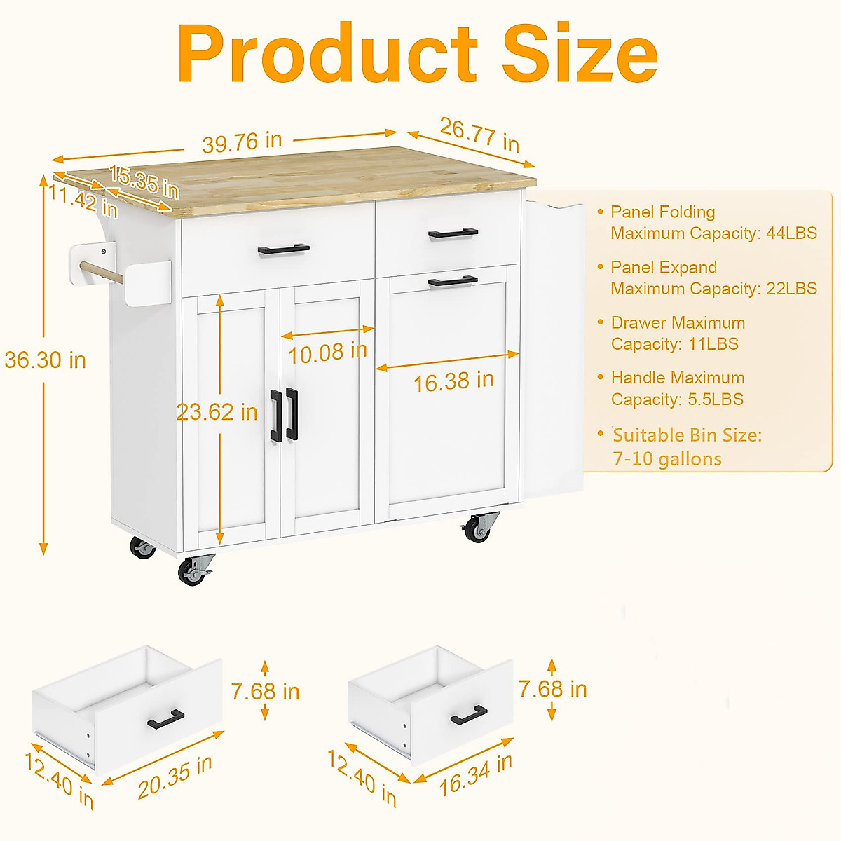 Osfvolr Rolling Kitchen Island with Trash Storage Cabinet, 2 Drawers, Kitchen Island with Drop Leaf, Kitchen Storage Islands Carts W/ 3 Spice Rack, Tilt Out Trash Cabinet, Island Table for Kitchen