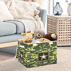 Ollabaky Dark Green Army Camo Larger Collapsible Storage Bin Fabric Decorative Storage Box Cube Organizer Container Baskets with Lid Handles for Closet Organization, Shelves