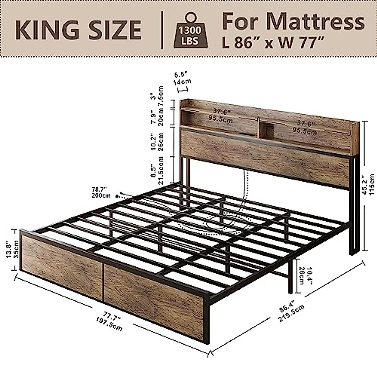 IRONCK King Size Bed Frame, Bookcase Headboard with Charging Station, Platform Storage Bed, Solid and Stable, Noise Free, No Box Spring Needed, Rustic Maple