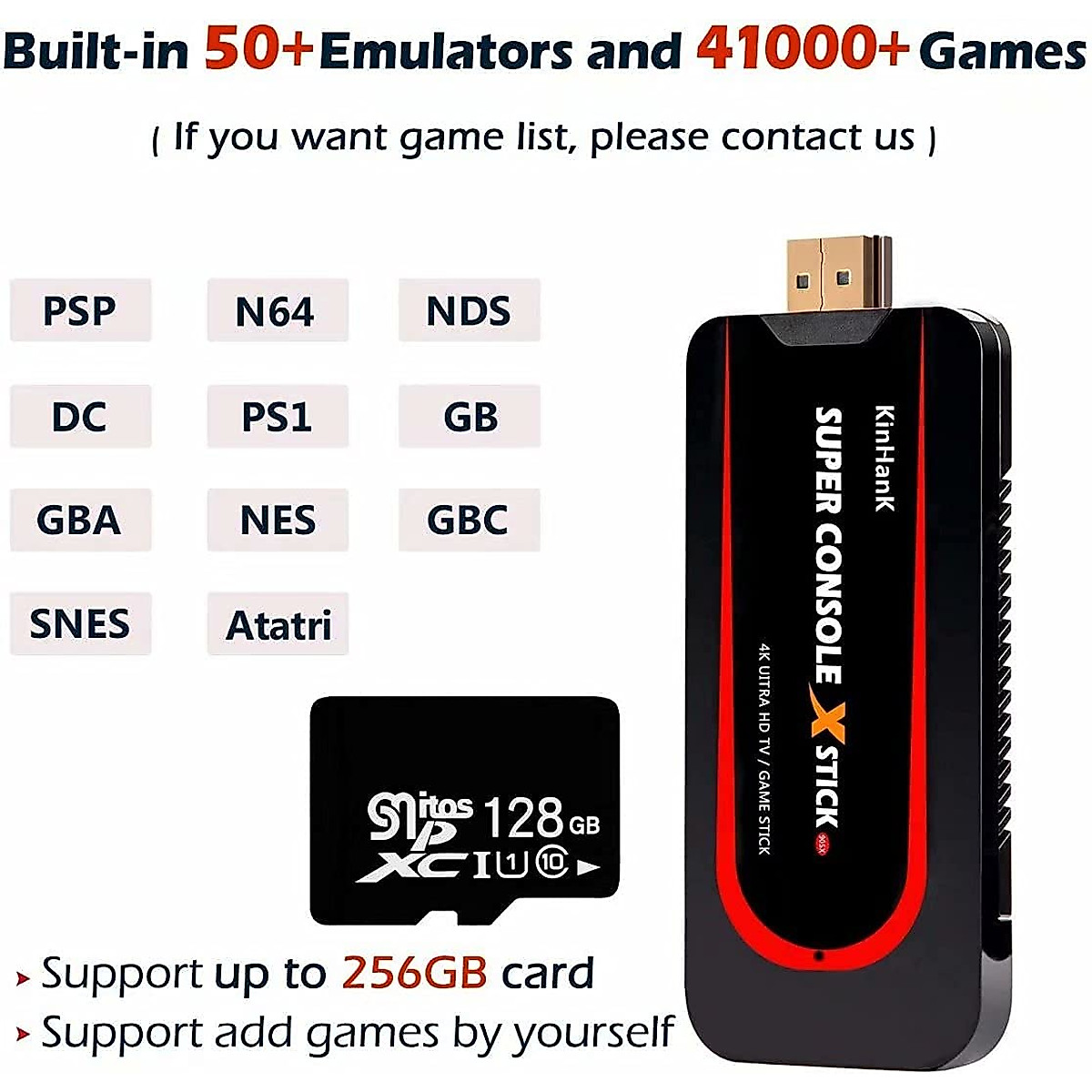 Relemo Super Console X Stick Retro Game Console Built-in 50000+ Games 4k Output Plug and Play Video Game Console with 2 Controllers for PS1/PSP/N64/MD (128G)