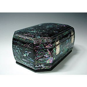 Mother of Pearl Inlaid Landscape Design Lacquered Black Octagonal Luxury Wooden Asian Handcrafted Jewelry Trinket Keepsake Treasure Box Case Chest Organizer