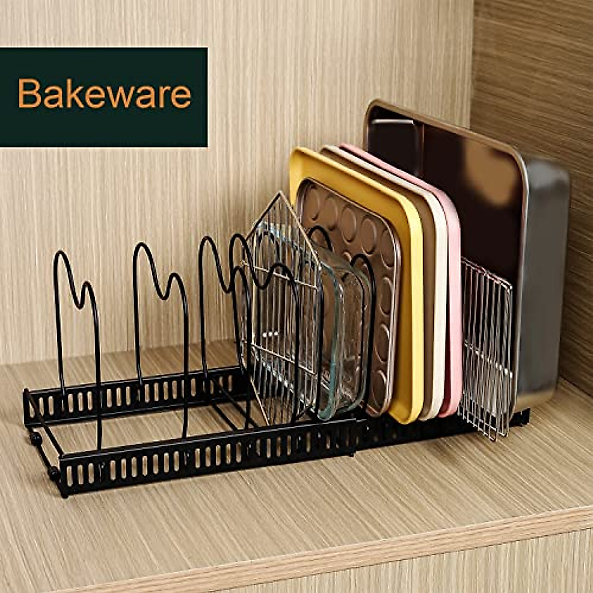 Mlesi Expandable Pot and Pan Organizer Rack, 12+ Pot Lid Organizer Holder, Bakeware Adjustable Rack, Kitchen Cabinet Organizer for Bakeware Cutting Boards, Black