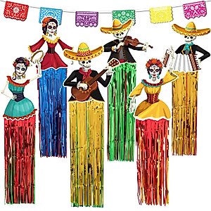 6Pcs Day of The Dead Decorations Sugar Skull Hanging Decor - Dia De Los Muertos Papel Picado Banner Mexican for Halloween Party Home Outdoor Decoration