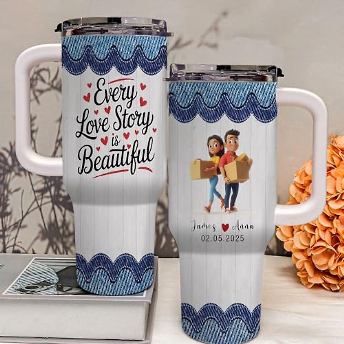 Custom 40oz Tumbler with Handle – engagement announcement-Personalized Couple Gift for Anniversary Wedding Gift, Birthday, Mother's Day, Valentine’s Day VzTBav