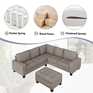 Merax Sectional Corner Sofa Set, Modern L-Shaped Couch with Storage Ottoman and Cup Holders for Living Room, Linen Brwon