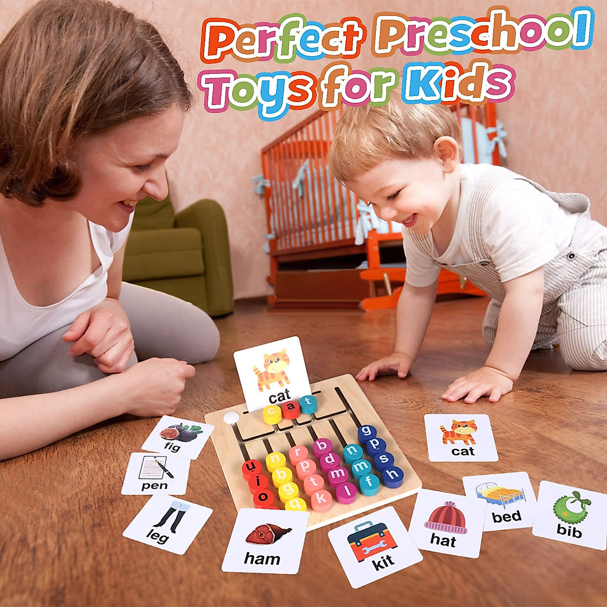 Lewo Wooden Reading Blocks Montessori Toys Sight Word Flash Cards Spelling Games Alphabet Letter Slide Puzzle Preschool Educational Learning Toys for Kids Boys Girls