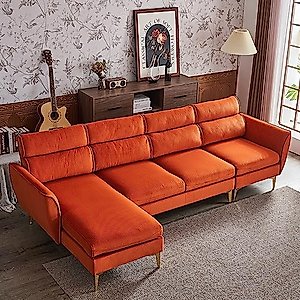 Imbesty Convertible Sectional Sofa Couch, 4-Seater Lattice Flannel Upholstered Sofa Couch with Reversible Chaise, L-Shaped Highback Living Room Furniture (Orange)
