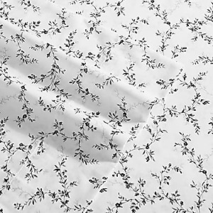 Laura Ashley Home - Queen Sheets, Soft Sateen Cotton Bedding Set - Sleek, Smooth, & Breathable Home Decor (Saras Sprig Black, 4 pieces, Queen)