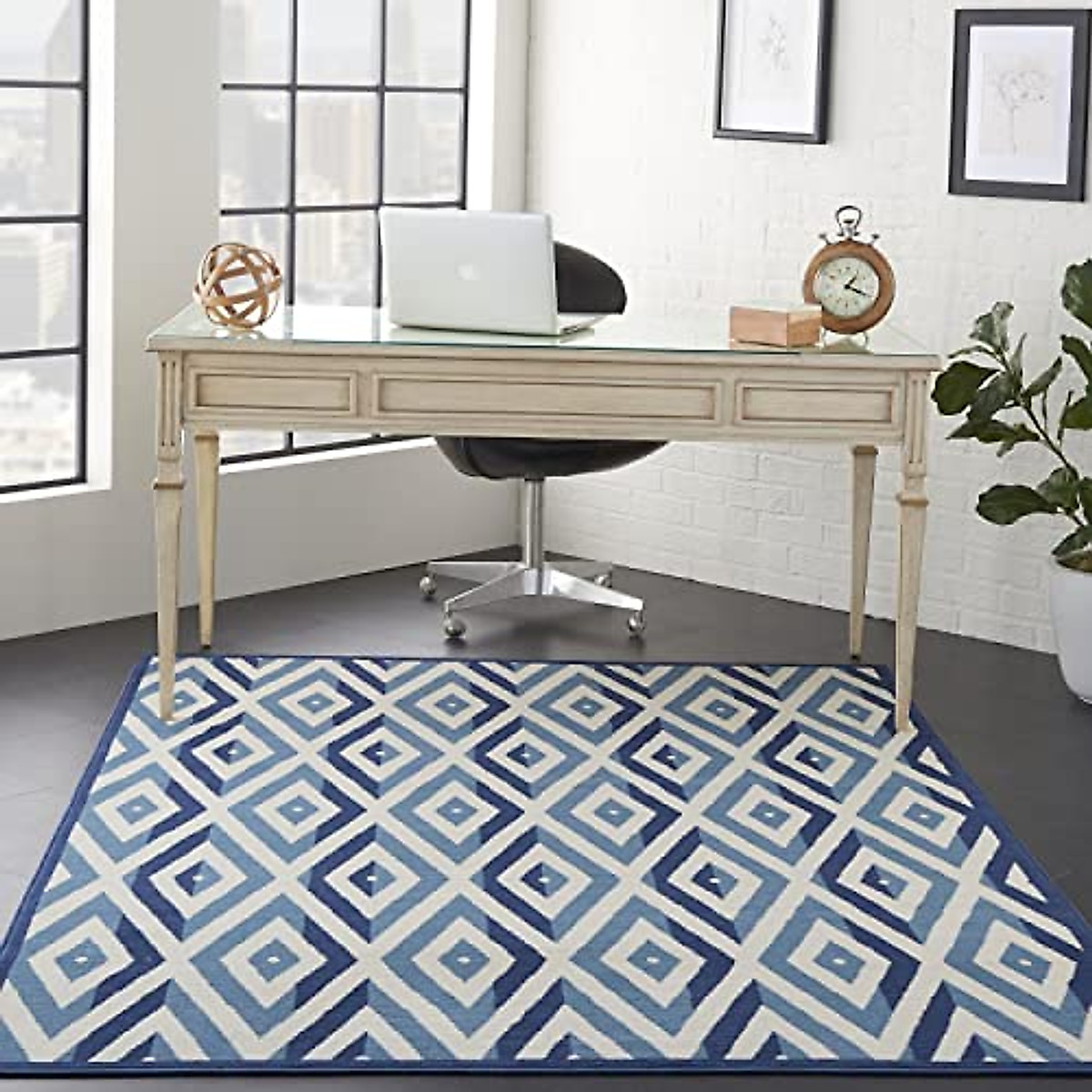 Nourison Grafix Mid-century White/Blue 5'3" x 7'3" Area -Rug, Easy -Cleaning, Non Shedding, Bed Room, Living Room, Dining Room, Kitchen (5x7)