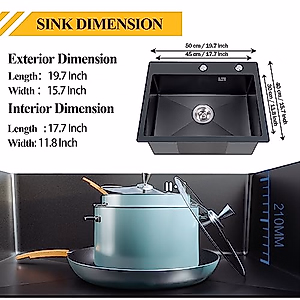 Black Kitchen Sink Stainless Steel 19.7 x 15.7 Inch Single Bowl Drop In Kitchen Sink With Gift: Stainless Steel Bottom Grid, Faucet Sprayer, Drain Strainer Set for Modern Kitchen Sink
