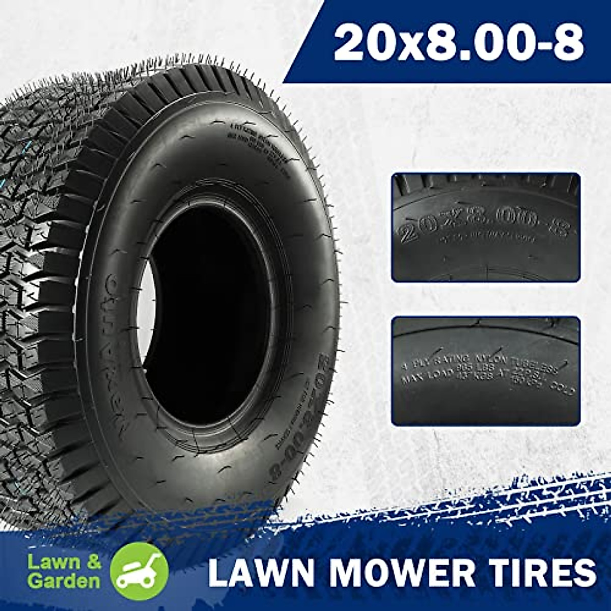 MaxAuto Lawn Mower Tire 15x6.00-6 Front & 20X8.00-8 Rear Tire for Lawn & Garden Tractor, 4Ply Tubeless, Set of 2