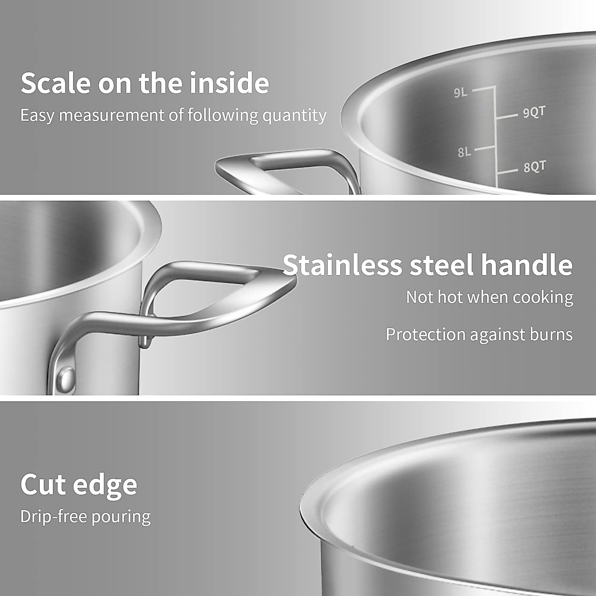 9 Quart Stainless Steel Stock Pot with Glass Lid, Induction Soup Cooking Pot with Pour Spout, Scale Engraved Inside, Compatible with All Heat Sources, Dishwasher Oven Safe