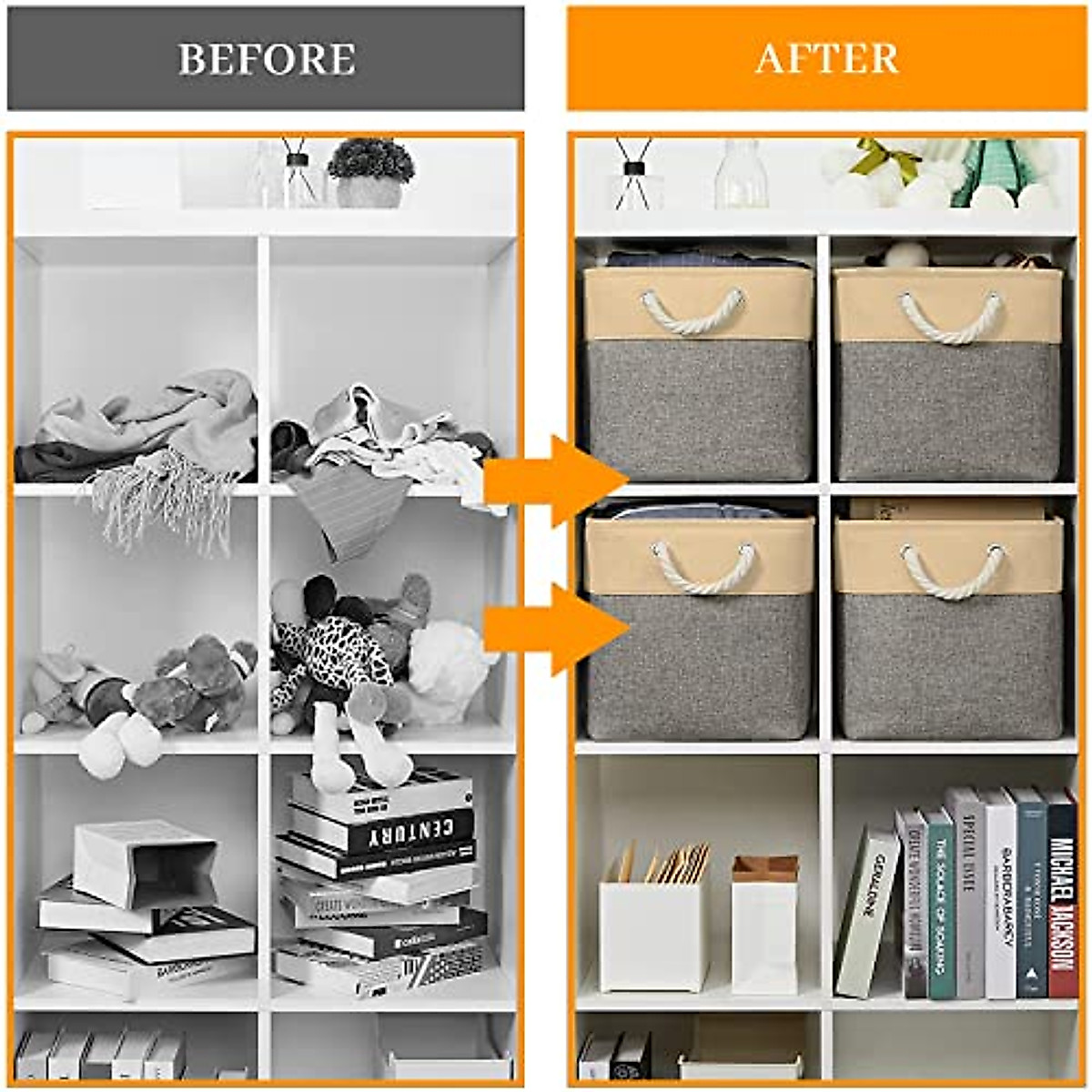 MEGACRA Fabric Storage Baskets 13x13x13 Storage Cubes Collapsible Storage Bins Basket [3-Pack] with Sturdy Handles Fabric Storage Bin Organizational Baskets for Shelves Clothes Toys Books, Office, Nursery Perfect Organization and Storage