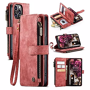 CaseMe iPhone 14 Pro Max Wallet Case, Case with Card Holder, Leather for Women Men, Premium Magnetic Kickstand Strap Zipper, Red