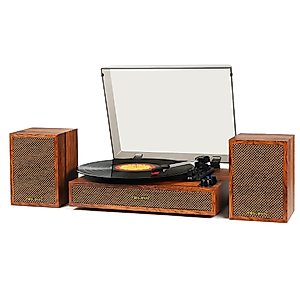 Vinyl Record Player with External Speakers, 3 Speed Bluetooth Turntable for Vinyl Records, Vintage Belt Drive Record Player with Stereo Speakers and Auto Stop, RCA Audio Out and Aux-in,Light Wood