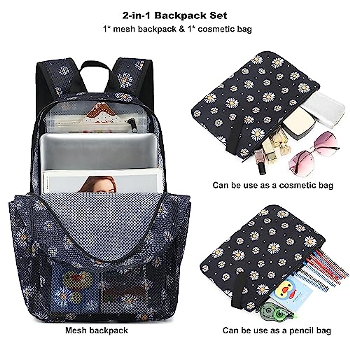 Kouxunt Daisy Mesh Backpack for Girls Women, See Through Casual School College Student Bookbag (Black)