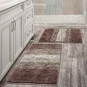 Vaukki Luxury Soft Bathroom Rugs Set of 2, Non Slip Washable Plush Bath Floor Mats, Microfiber Shaggy Absorbent Striped Bath Carpet for Tub, Bathroom and Shower (18''x26''+20''x32'', Coffee)