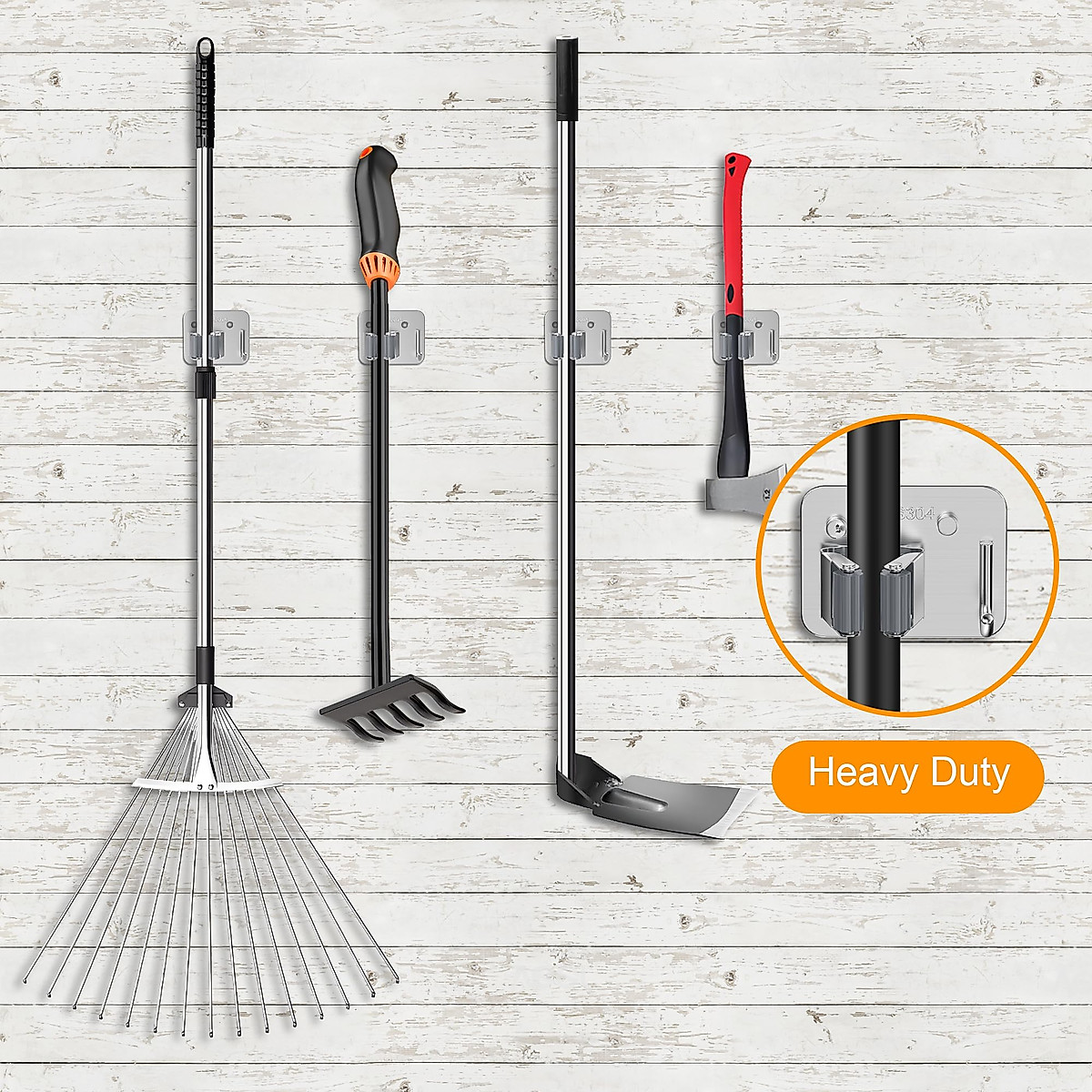 XCIXCI 4 Pack Stainless Steel Mop and Broom Holder Wall Mount with Hook, Screw Drilling Mop and Broom Hanger, Single Heavy Duty Storage Rack for Laundry Garage Closet Garden Tool Organizer, Silver