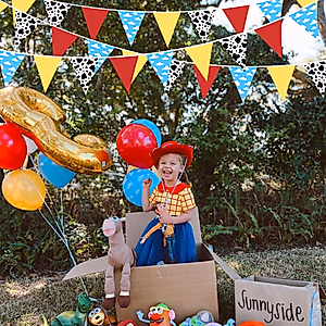 32Ft Cartoon Story Party Decorations Red Blue Yellow Toy Themed Story Fabric Banner Cloud and Cow Print Triangle Pennant Flag Garland Streamers for Kids Birthday Baby Shower Outdoor Garden Supplies