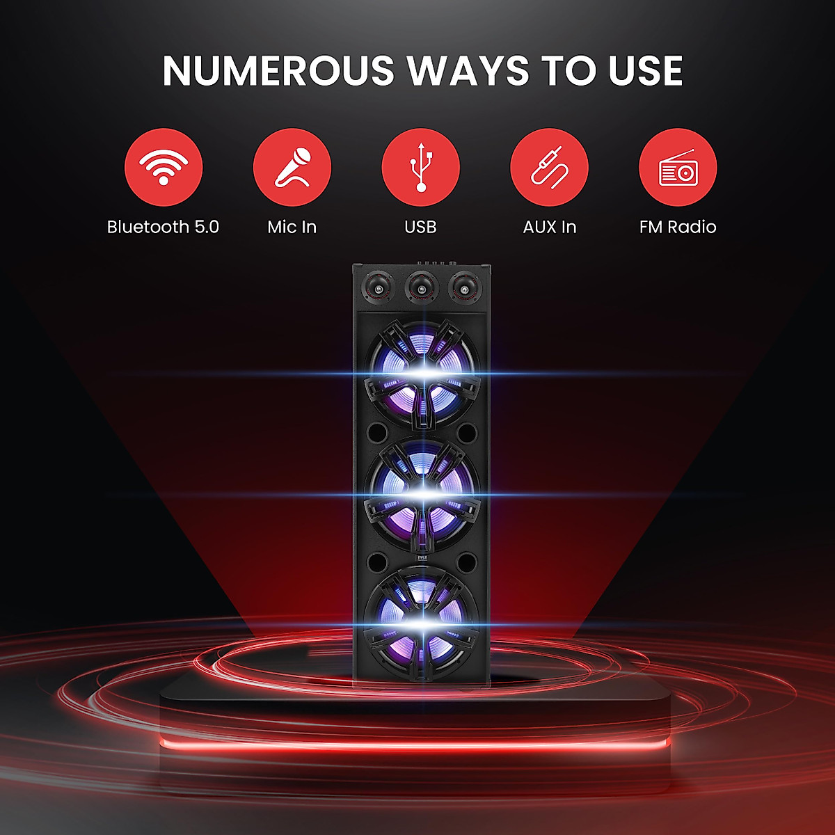 3x12” Portable Bluetooth PA Karaoke Speaker System, 2200 Watt Karaoke Speaker with LED Lights, USB Micro SD FM BT Aux Remote Control Mic Inputs, with Wheels and Handle Bar