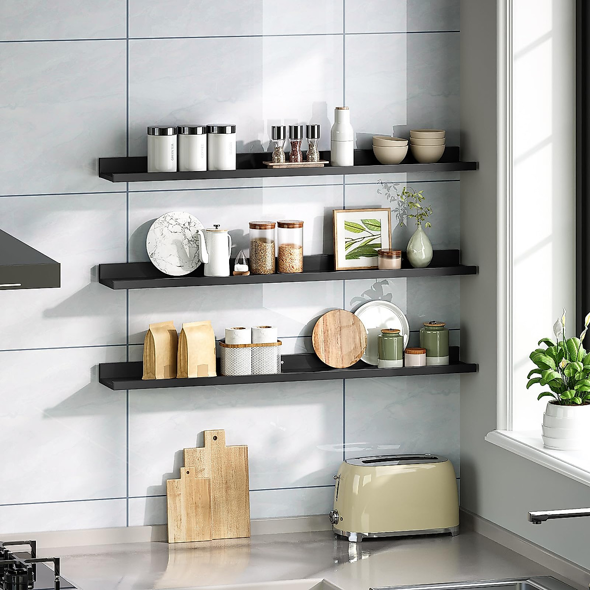 HOOBRO Floating Shelves, Wall Shelf Set of 3, 35.4 Inches Hanging Shelf with Raised Edge and Invisible Brackets, for Bathroom, Bedroom, Kitchen, Office, Living Room Decor, Black BK90BJ01