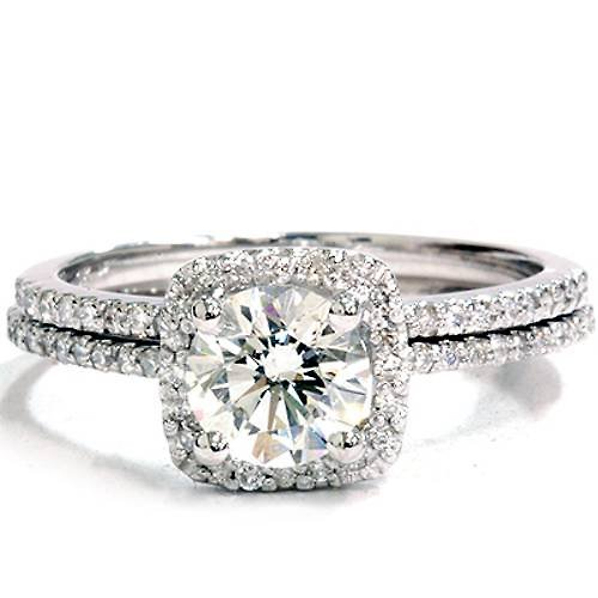 1CT Diamond Engagement Ring Cushion Halo Wedding Ring Set 14K White Gold - Size 4