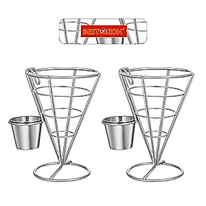 BESTonZON 2PCS French Fry Stand Cone Basket French Fry Chips Cone Metal Wire Basket with Sauce Dippers for Home Parties/Backyard Picnics/Outdoor Events/Appetizers