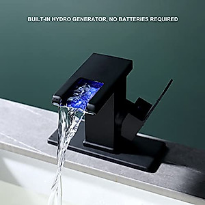 KirlystonE LED Single Handle Bathroom Faucet, Modern Square Matte Black Single Hole Vanity Sink Faucet with Waterfall Spout