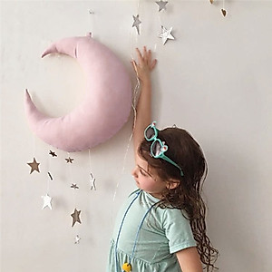 Braceus Wall Backdrop Children Room Hanging Moon Stars Stuffed Decor for Baby Bedroom (Pink + Silver)