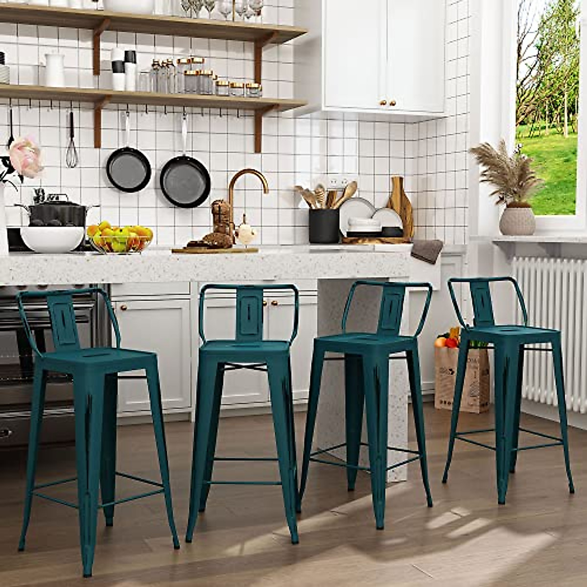 Andeworld Distressed Bar Stools Set of 4 Industrial Counter Stools Metal Barstools with Backrest (30 Inch, Distressed Design Teal)