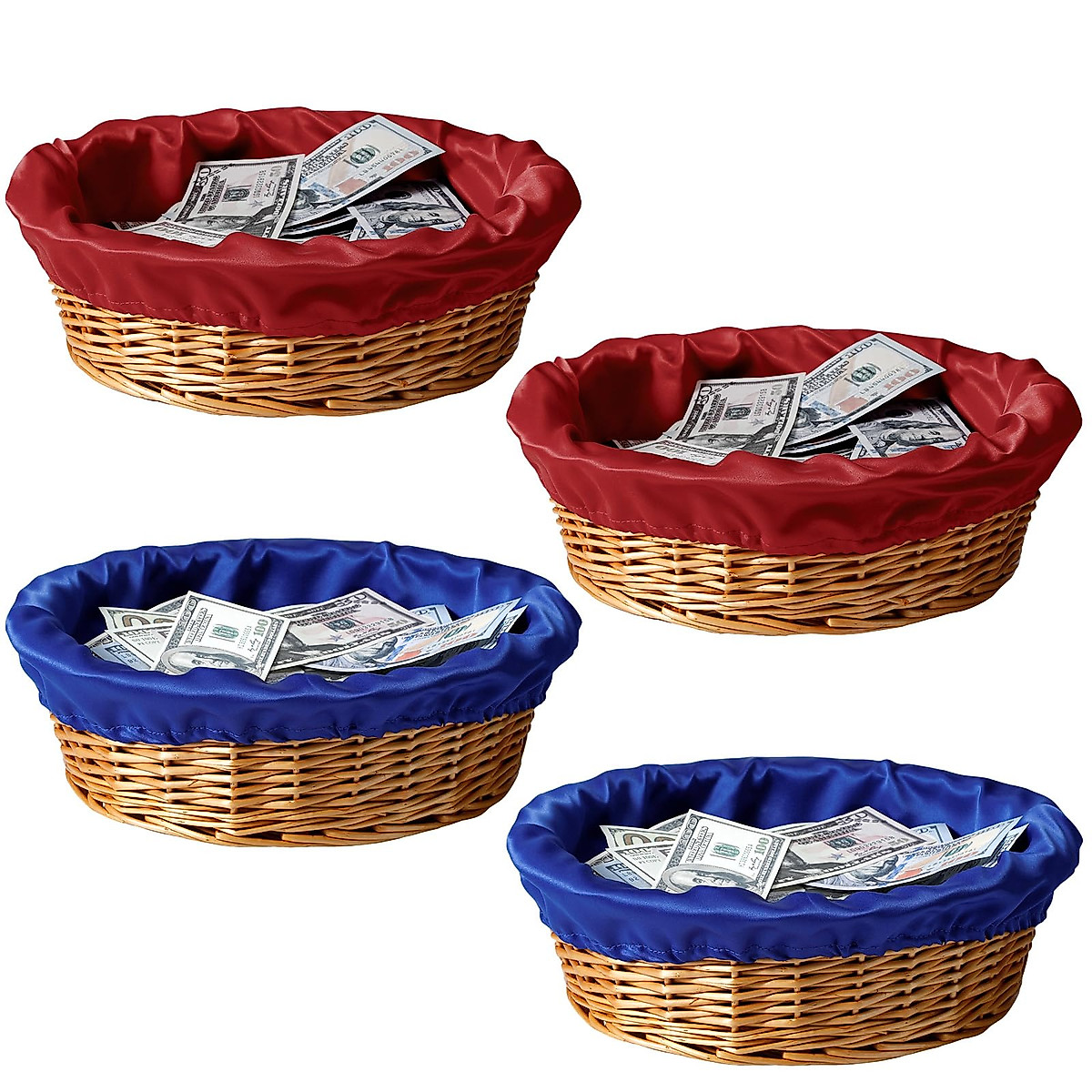 FillTouch 4 Pcs 12 Inches Round Offering Baskets for Church Wicker Basket with Removable Liner Rattan Collection Receiving Storage Basket Woven Bread Basket for Church Communion Supplies